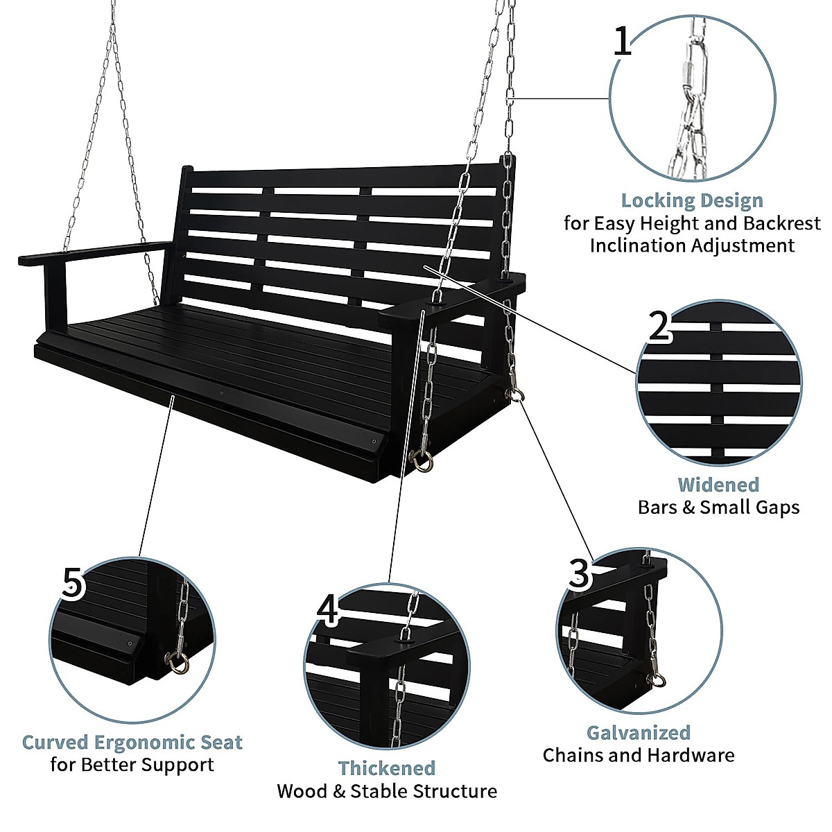 Wooden Porch Swing, Ergonomic Seat, Bench Swing with Hanging Chains and 7mm Springs, Heavy Duty 880 LBS, for Outdoor Patio Garden Yard (Black, 2-Seater Extra Large)
