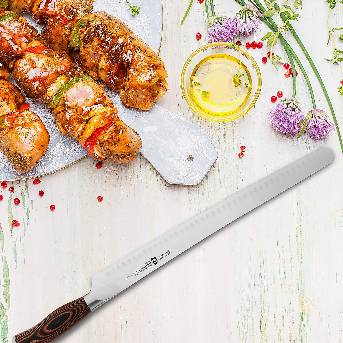 TUO Serrated Slicing Knife 14 inch - Razor Sharp Carving Knives Professional Meat Carver Long Cake Slicer - Premium German HC Steel & Full Tang Pakkawood Handle - Gift Box Included - Fiery Series