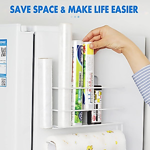 Cabinet Door Wall Mount Wrap Organizer Rack with 2 Rods, No Drilling, Multi-Purpose Kitchen Door Organizer Storage for Cutting Board, Aluminum Foil, Plastic Wrap (White)