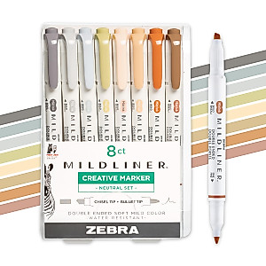 Zebra Pen Mildliner Double Ended Highlighter, Broad and Fine Point Tips, Assorted Neutral Vintage Ink Colors, 8-Pack (78208)