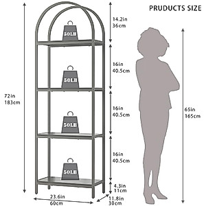 Kogven Bookshelf Arched Bookcase, Industrial 4-Tier Open Book Shelves with Metal Frame, 72" Tall Freestanding Storage Display Rack for Home Office, Living Room (Black, 4 Tier Arched)