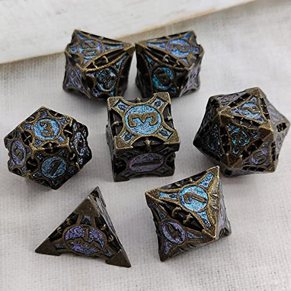 WZLHJRAR DND Dice Set - Metal D&DRPG Dice Set Dungeon and Dragon Polyhedron Metal Dice MTG Table Game Dice Accessories D4 D6 D8 D10 D10% D12 D20 Dice Set Black Leather Storage Bag - Rolling Blue Dice
