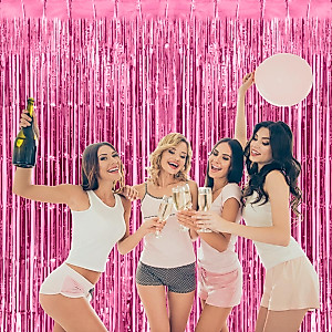 Thicken Pink Foil Fringe Curtains Decorations 3.2x8.2ft - 2 Pack, Photo Backdrop for Birthday Bachelorette Bridal Shower Baby Shower Graduation Party, Party Streams Decor