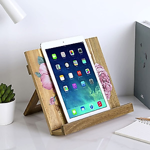 MyGift Premium Acacia Wood Cookbook Holder Stand with Hand Painted Floral Design, Kitchen Countertop Recipe Book Stand, Reading Textbook and Tablet Holder with Foldable Kickstand