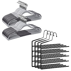 SONGMICS 50-Pack Coat Hangers and 4 Pants Hanger Bundle, Open Pants Organizers, Plastic and Metal Hangers, Multipurpose, Non-Slip, Light and Dark Gray, Black UCRF50G and UCRI034B02