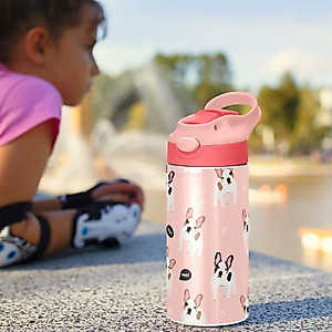 ALAZA Cartoon French Bulldog Kids Water Bottles with Lids Straw Insulated Stainless Steel Water Bottles Double Walled Leakproof Tumbler Travel Cup for Girls Boys Toddlers 12 oz / 350 ml,Pink