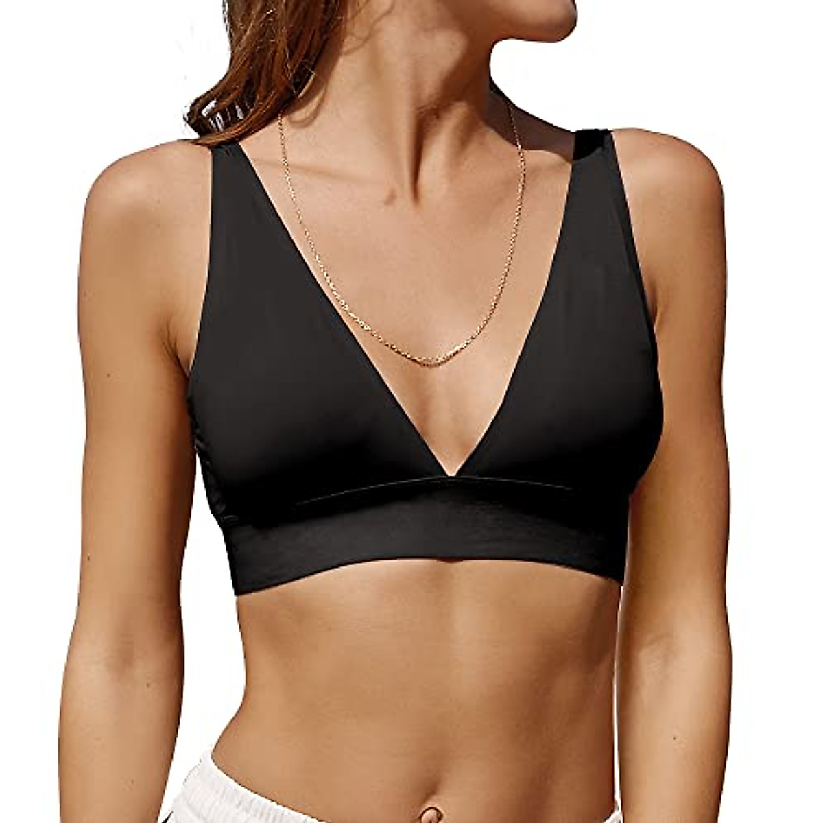 Women's Seamless Plunge Wireless Bra - Deep V-Neck, Unlined, Ultra Light and Soft Stretch Bralettes for Ladies by Knowyou - Black