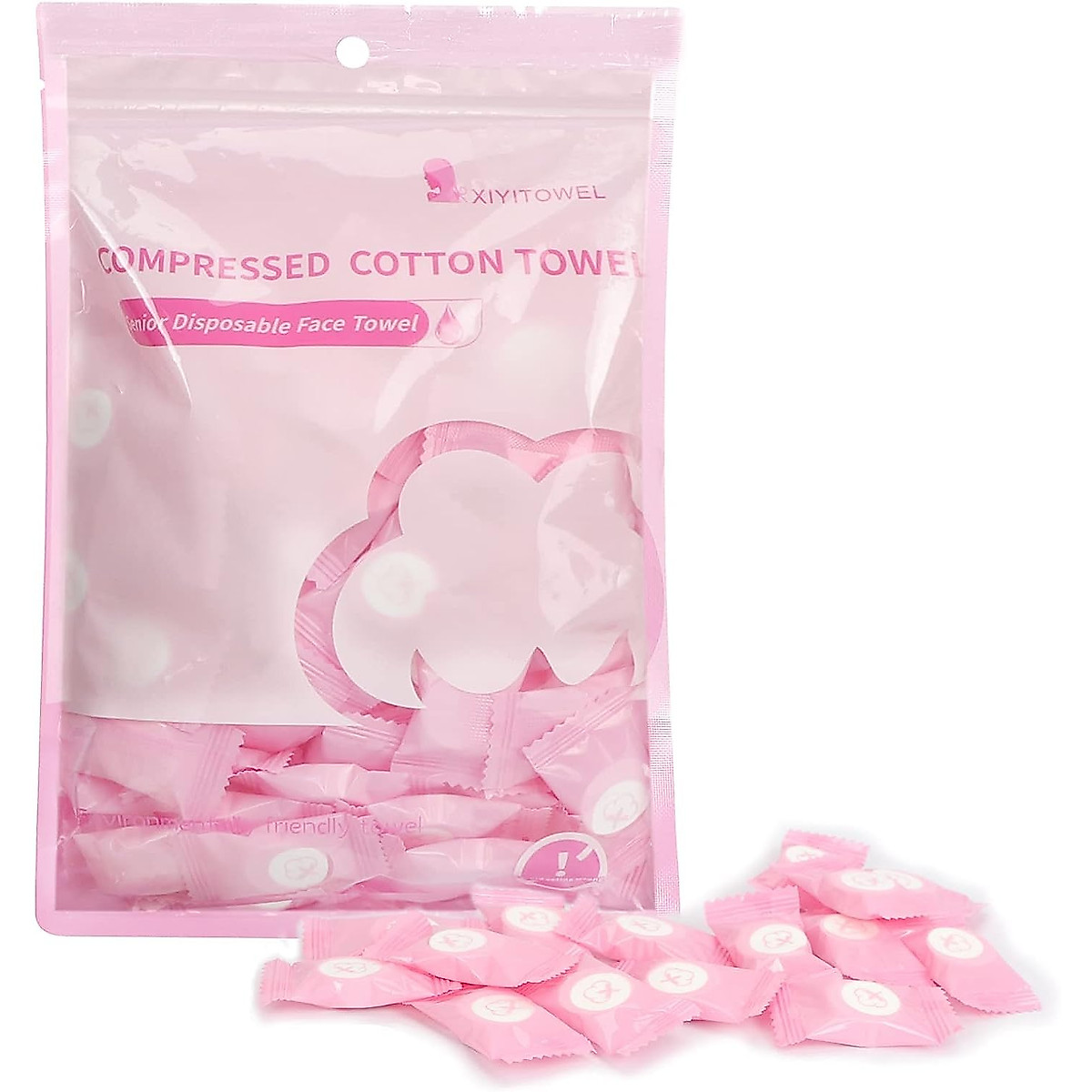 Classycoo Compressed Towel 100 PCS Mini Tablets Disposable Portable Face Towel Cotton Coin Tissue for Travel, Camping, Hiking, Sport, Beauty Salon, Home Hand Wipes and Other Outdoor Activities Pink