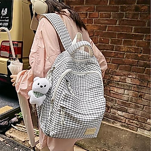 Kawaii Backpack with Cute Accessories Large Capacity Checkered Plaid Rucksack for Women Trendy Aesthetic Casual Daypack (Black)