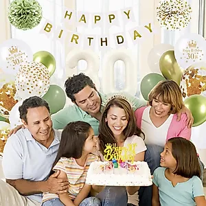 GYESXYW Sage Green 30th Birthday Decorations for Women, Olive Green and Gold 30th Birthday Decorations Set, Happy Birthday Banner, Birthday Sash, Crown, Confetti Balloons for Her Women Party Supplies