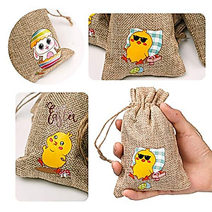 DIYASY 36 Pcs Easter Burlap Goody Bags,Egg Bunny Chick Treat Drawstring Linen Bags for Easter Party Favor.