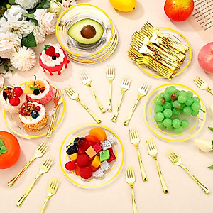 Eccliy 200 Pieces Gold Plastic Dessert Plate Sets 100 Clear Disposable Cake Plate 6 Inch and 100 Fork 5 Inch Gold Rim Round Salad Appetizer Plate Folk Set for Buffet Hotel Birthday Wedding Party