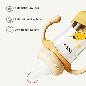 YOHKOH Natural Glass Baby Bottle with Natural Response Nipple, Wide Neck Baby Bottles with Handle, Newborn Anti-Colic Baby Bottles Gift Set, Clear (5.4oz (Pack of 2), Yellow)