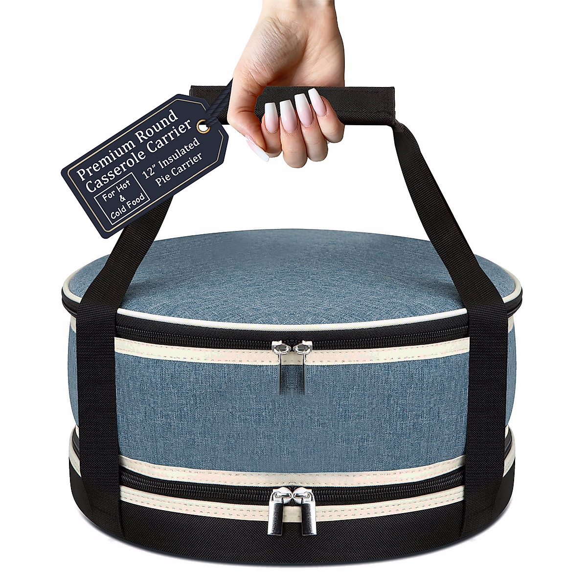 Nestamor Premium Insulated Round Casserole Carrier & Pie Carrier (12.5" x 6") with Heat-Resistant Mat – Collapsible Pie, Cake and Cheesecake Holder with Lid and Handle for transport [Denim Blue]