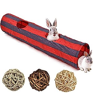 Tfwadmx Bunny Tunnel, Rabbit Tunnels and Tubes, Collapsible Hideaway Small Animal Activity Toys with 3 Grass Ball for Chinchillas Ferrets Guinea Pigs Gerbils Hamsters Rats, Size - 51 x 10 in