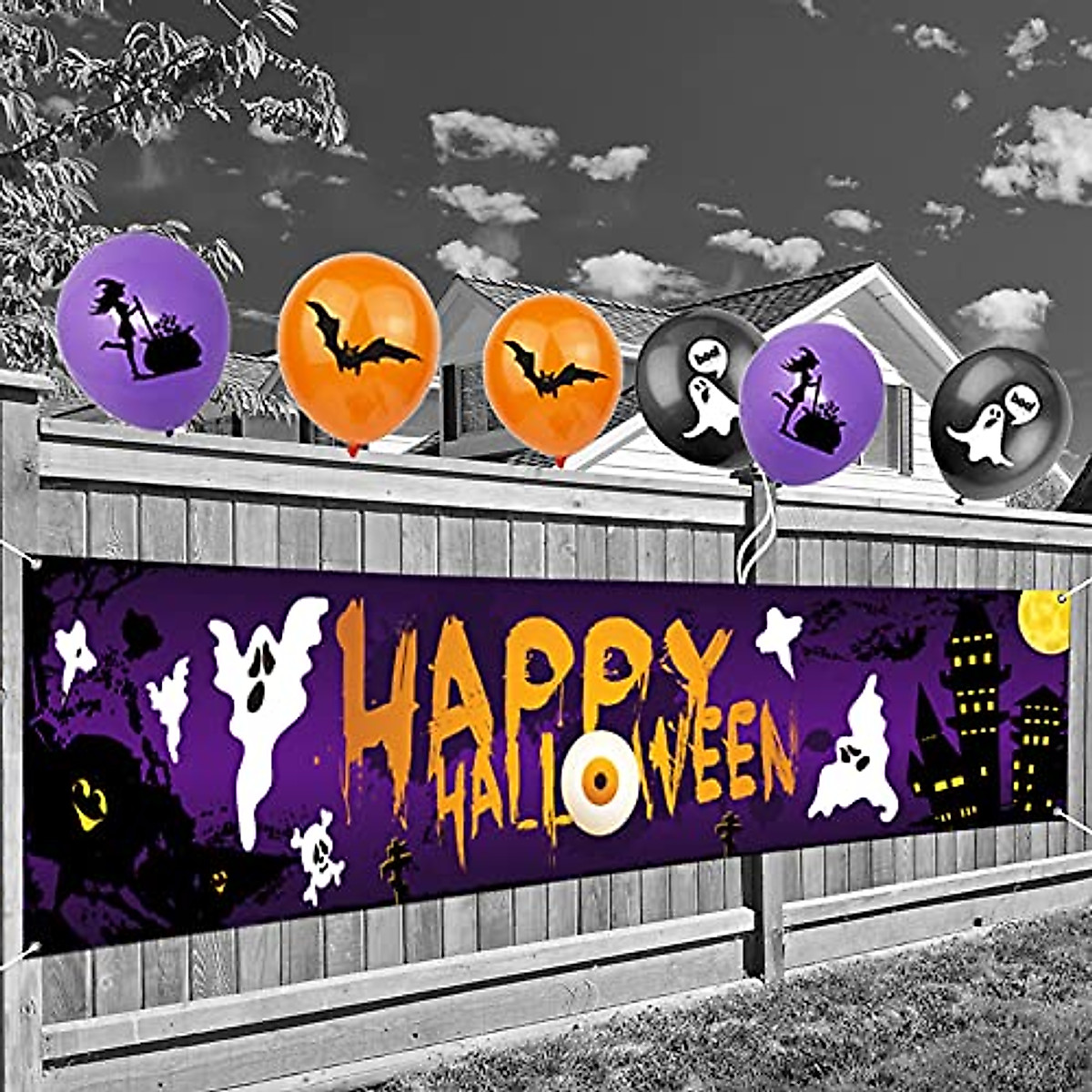 Extra Large Happy Halloween Banner Halloween Party Sign Banner Decorations Halloween Party Balloons Halloween Ghost Yard Sign Decoration Backdrop Photography Backdrop for Halloween Party(118” x 24”)