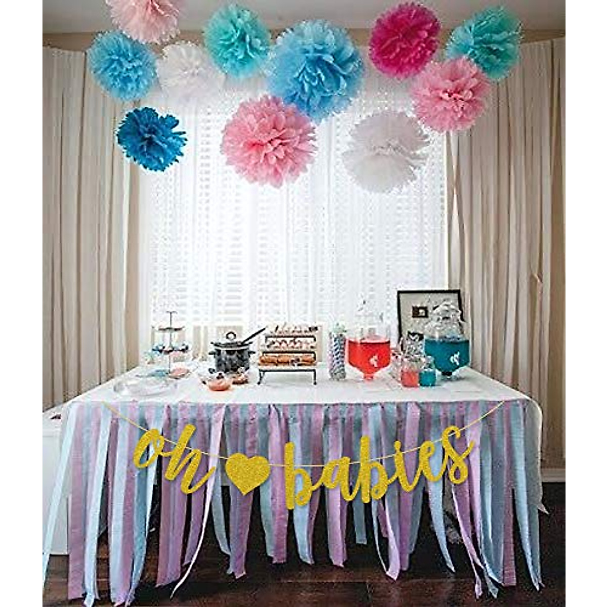 Oh Babies Banner Gold Glitter Pre-Strung for Twins Baby Shower Gender Reveal Party Decorations