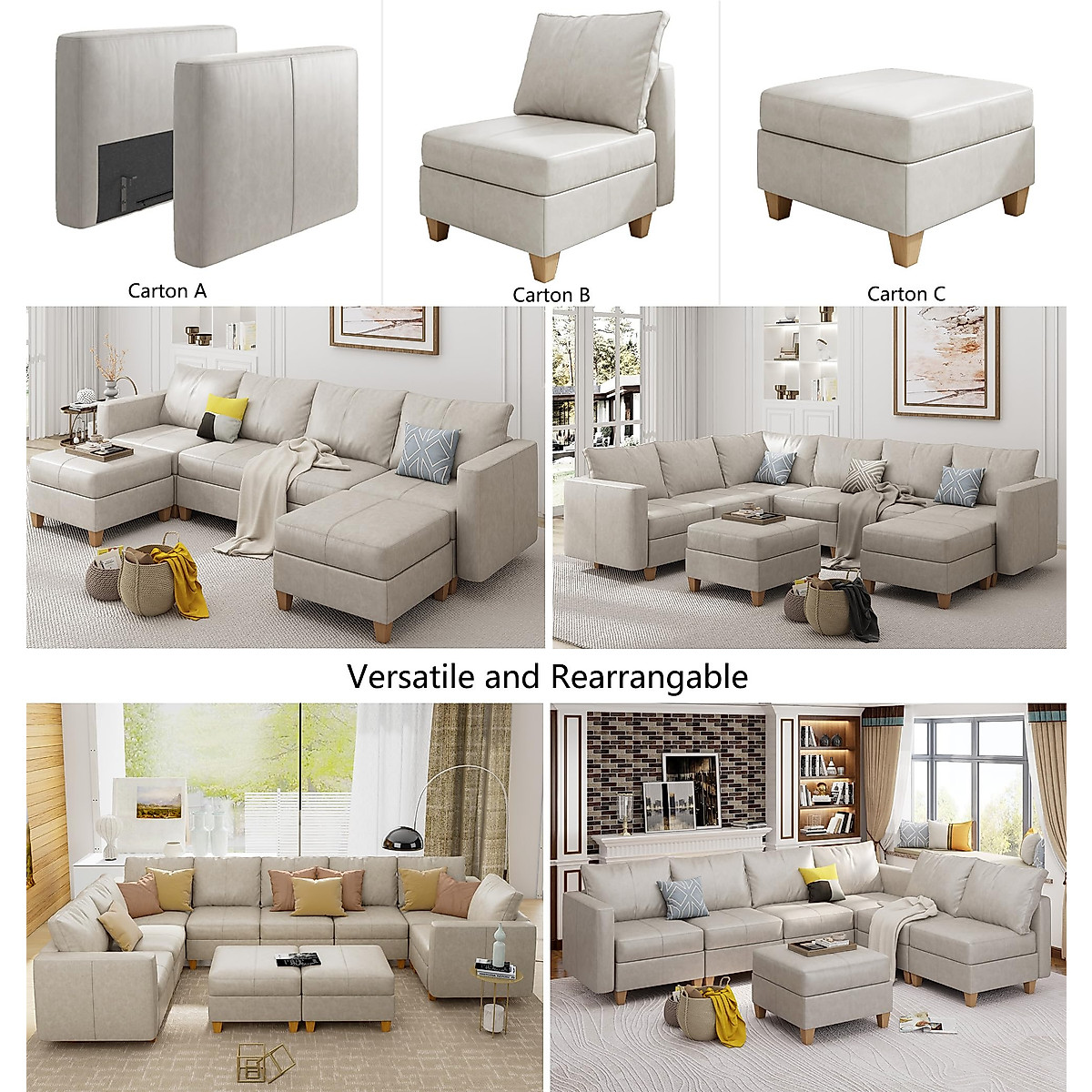 EASE MOOSE Convertible Modular Sofa Sectional Couch with Reversible Chaises,3 Seat Faux Leather Sectional Sofa Couch with Storage for Living Room Home Office