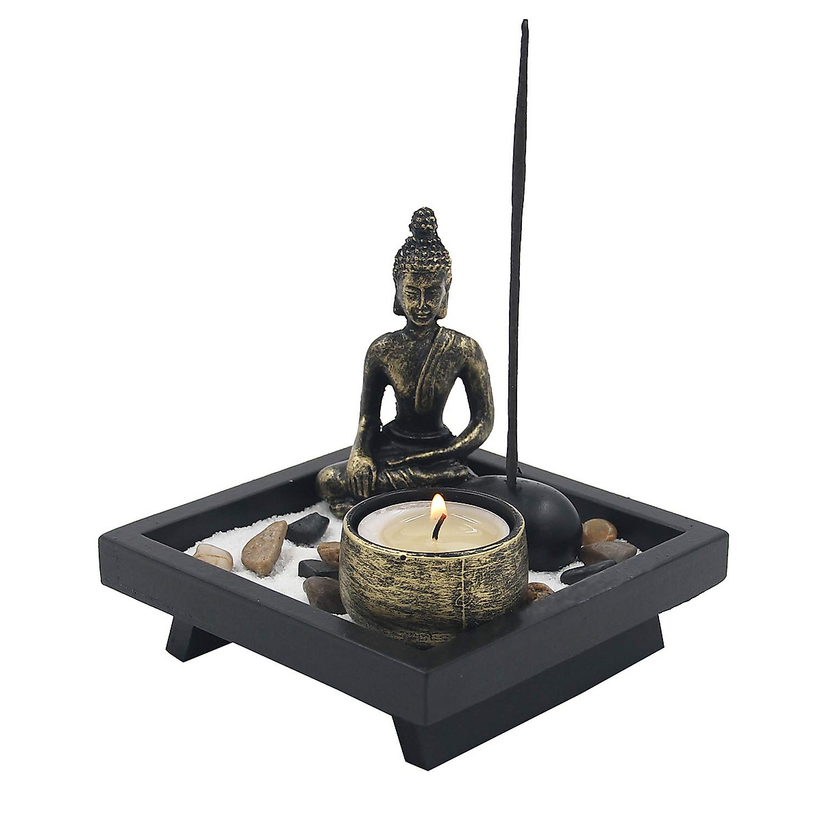 DharmaObjects Mini Zen Garden Buddha Statue Candle and Incense Holder Complete Set Home Décor Gift