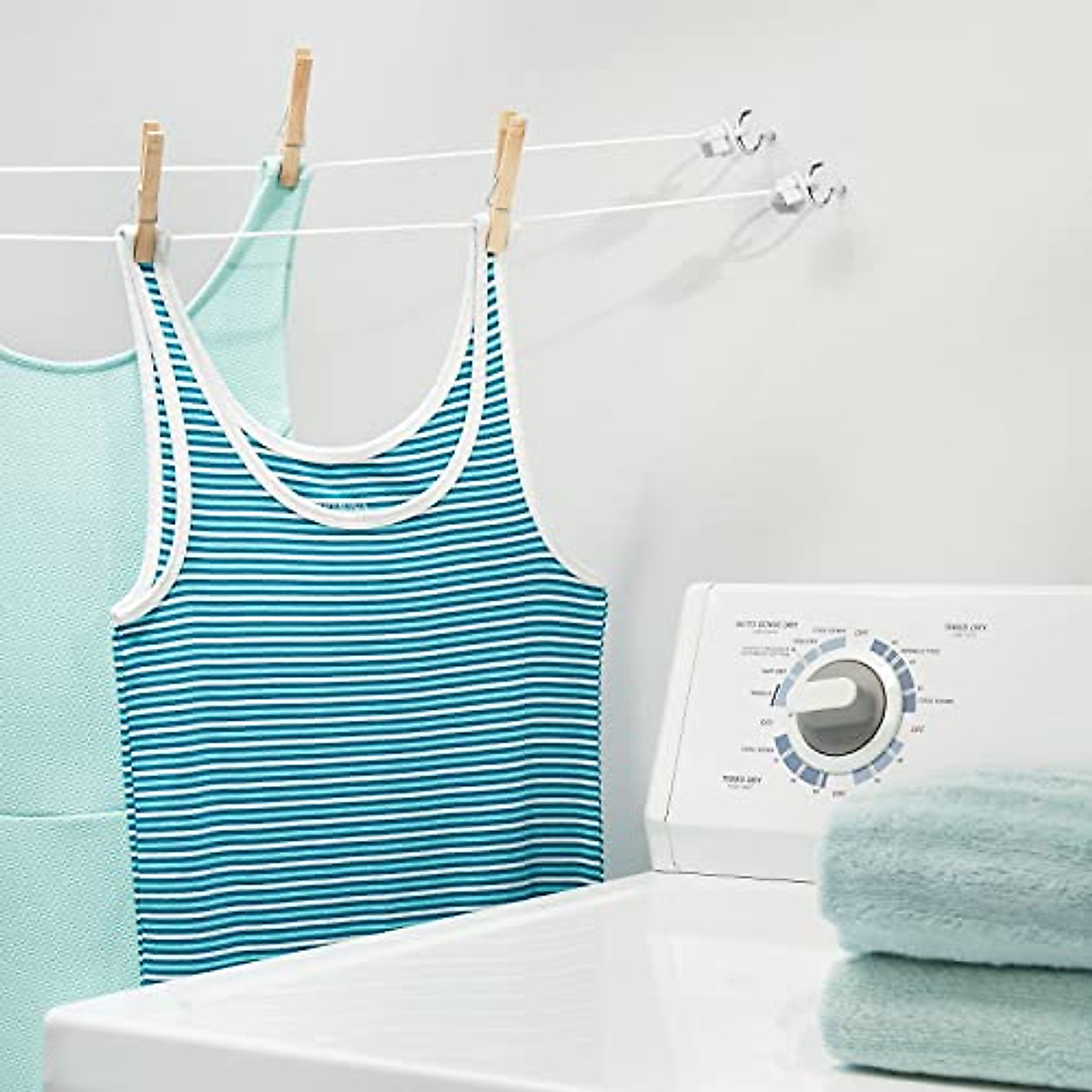 mDesign Indoor/Outdoor Retractable Clothesline - Adjustable 42ft Double Lines - Durable Plastic Reel Dryer for Hanging Wet or Dry Clothes in Bathroom, Laundry, Patio, Balcony - Portable - White