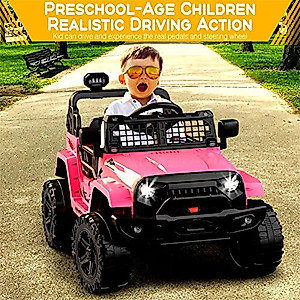 Hetoy Ride on Truck Car 12V Kids Electric Vehicles with Remote Control Spring Suspension, LED Lights, Bluetooth, 2 Speeds