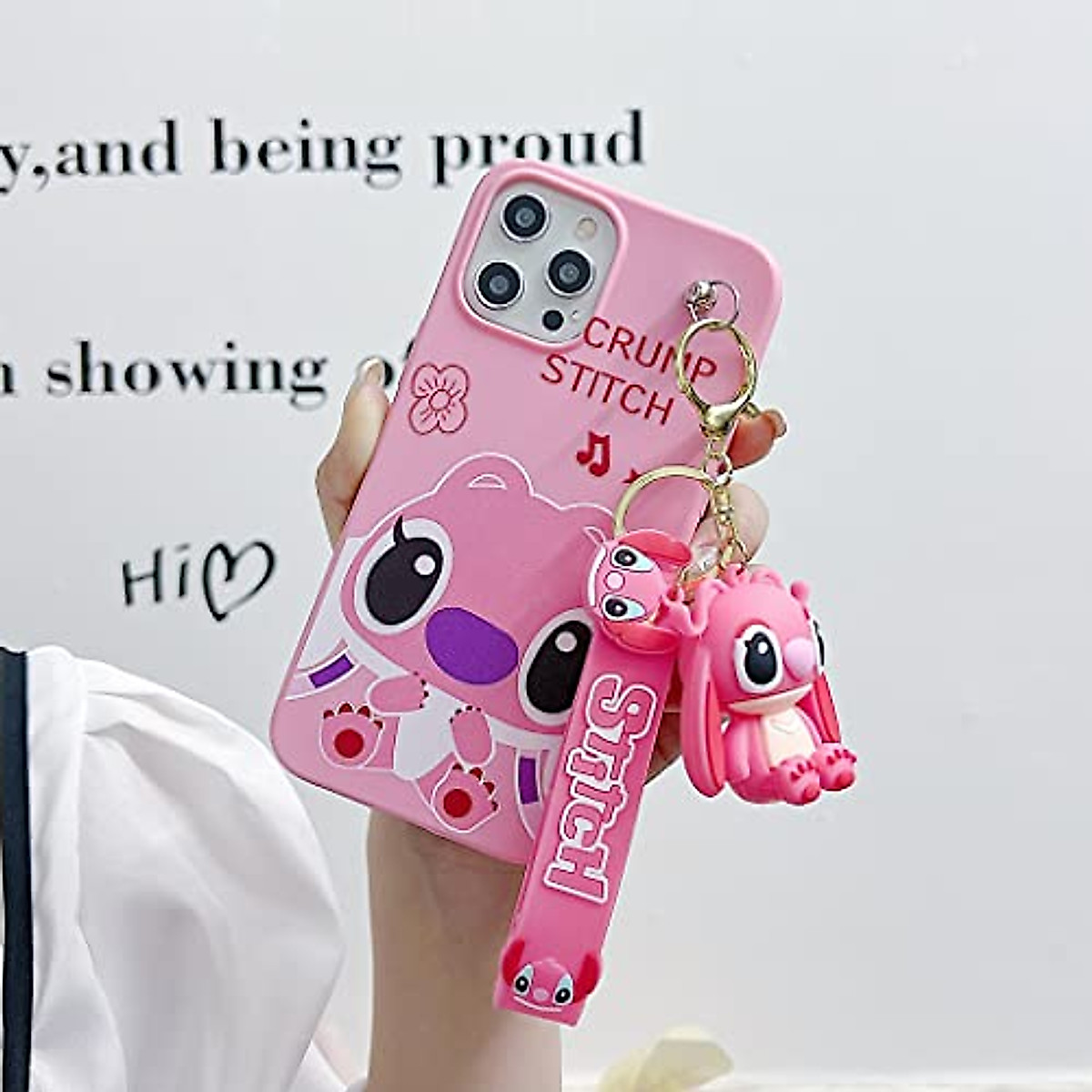 iFiLOVE for iPhone 14 Pro Max Stitch Case, Girls Boys Women Kids Cute Cartoon Character with Charm Pendant Strap Slim Soft TPU Protective Case Cover for iPhone 14 Pro Max (Pink)