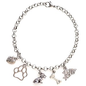 It's All About...You! Adjustable 8.5” Stainless Steel Bracelet Puppy Heart Paw I Love My Dog Bone Paw Personalize with Clip on Charms 3D Dog Set 69G