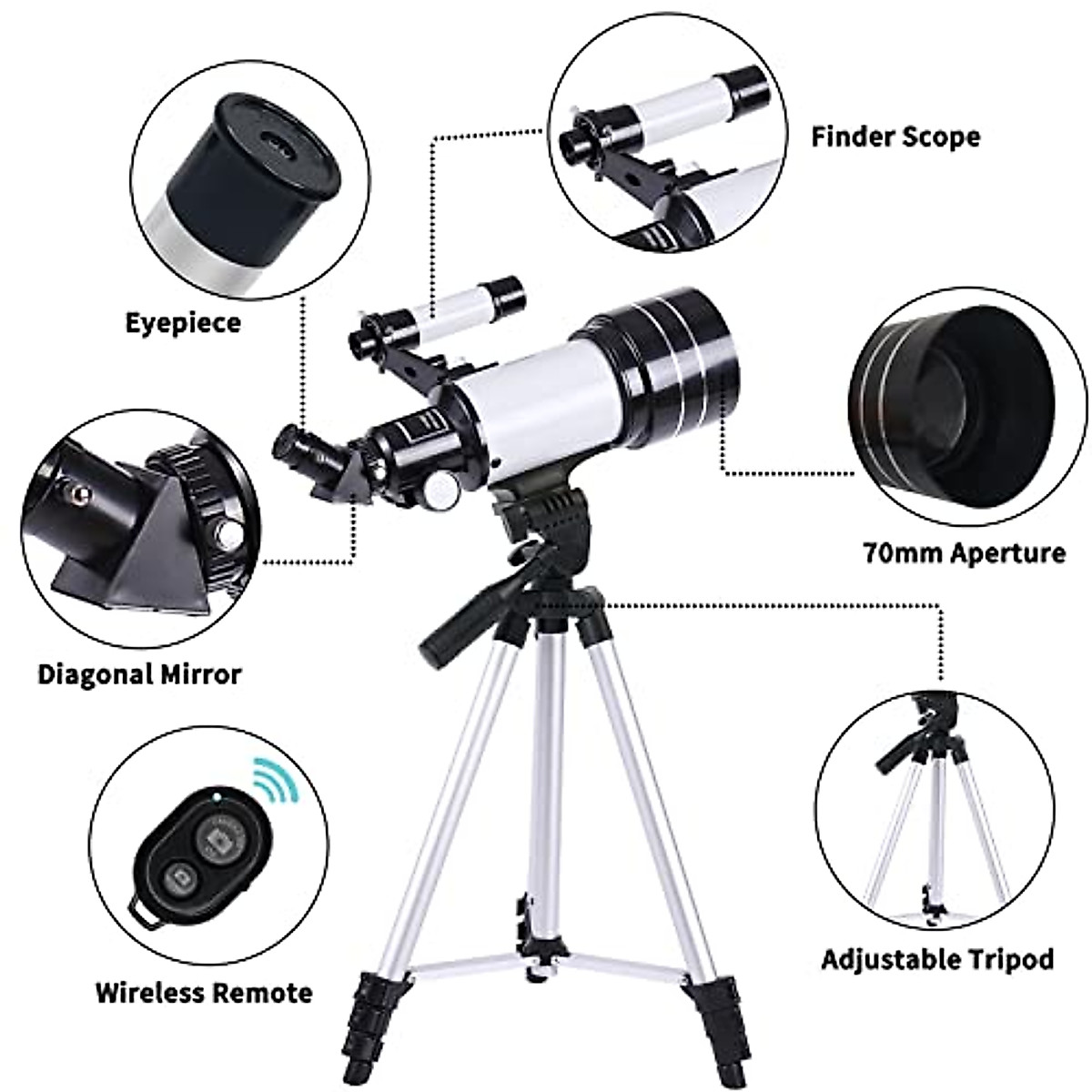 Telescope for Adults & Kids, 70mm Aperture Professional Astronomy Refractor Telescope for Beginners, 300mm Portable Refractor Telescope with AZ Mount, Phone Adapter & Wireless Remote (White)