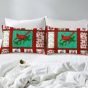 Erosebridal Cardinals Birds Duvet Cover Red Cardinal Bedding Set for Kids Child,Green Pine Tree Branches Comforter Cover Cute Bird Animal Bed Sets Patchwork Style Bedroom Decor Twin Size