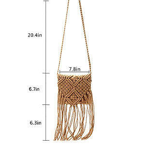 Monique Women Retro Fringed Cotton Crochet Cross-body Bag Small Messenger Bag Bohemian Summer Beach Tassel Shoulder Bag Purse Brown