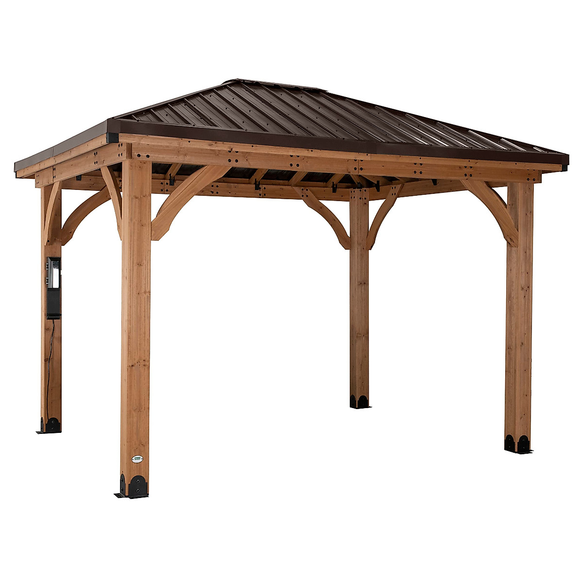 Backyard Discovery Barrington 12' x 10' Cedar Wood Outdoor Gazebo Pavilion with Hardtop Galvanized Steel Hip Roof, Snow Support, Wind Resistance, PowerPort, Shade for Garden, Patio, Deck, Entertaining