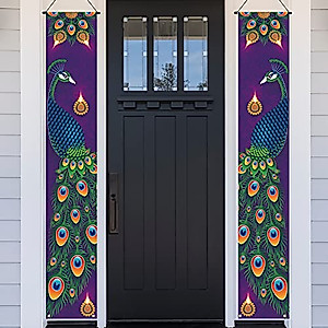 Happy Diwali Porch Banner Indian Diwali Peacock Front Porch Welcome Sign Deepawali Indian Festival of Lights Decorations-12×71''