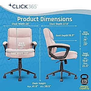 Click365 Click 365 Transform 2.0 Extra Comfort Ergonomic Mid Back Desk Chair, with Padded armrests, Adjustable-Height, Tilt, Lumbar Support, 360-Degree Swivel, Fabric, Pink