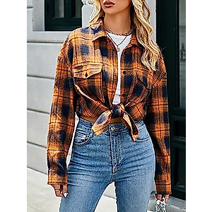 Womens Plaid Shirts Casual Long Sleeve Button Down Buffalo Flannel Shacket Loose 2023 Fall Blouse Tops Yellow