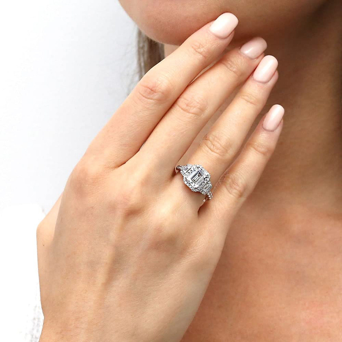 BERRICLE Sterling Silver 3-Stone Wedding Engagement Rings Step Emerald Cut Cubic Zirconia CZ Halo Ring for Women, Rhodium Plated Size 9