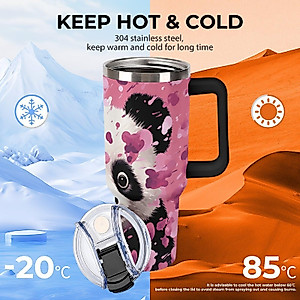 NVBSKKDH Pink Panda Cotton 40 Oz Stainless Steel Tumbler with Handle & Straw Double-Walled Vacuum Insulated Travel Mug for Hot/Cold Drinks, Reusable Thermal Cup for Car Cup Holder