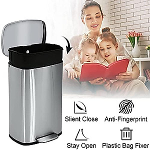 13 Gallon Steel Step Trash Can,Kitchen Trash Can with Lid & Inner Buckets , Stainless Steel Rectangular Garbage Bin , 50 L Pedal Soft Step Slow & Silent Open Close Dustbin for Kitchen, Office (Silver)
