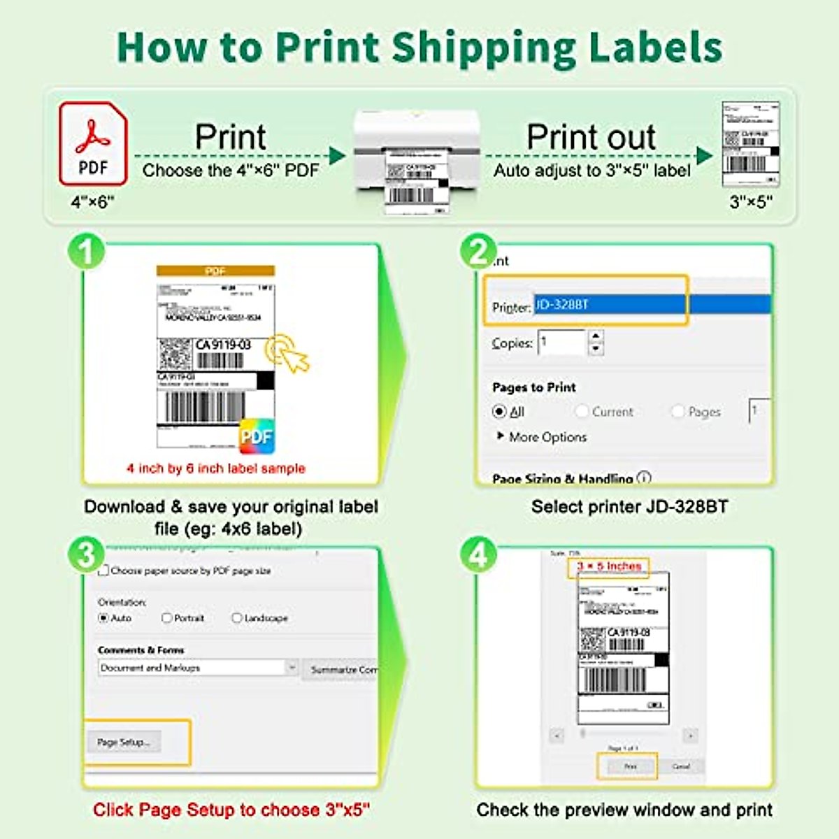JADENS 3X5 Bluetooth Shipping Label Printer, Thermal Label Printer for Small Packages, Label Maker Machine, Support Windows, Mac, Chromebook, iOS, Android, Compatible with Amazon, Ebay, Etsy, USPS