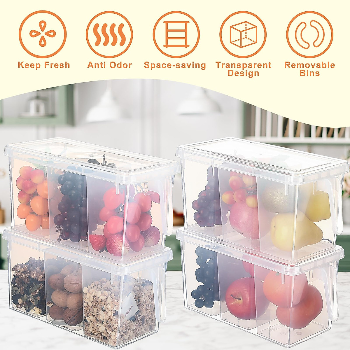 Quzzil 4 Pcs Fridge Organizer Refrigerator Organizer Bins with Lids and Handle Clear Fruit Storage Containers for Fridge Vegetable, Egg, Meat (Divided Style)