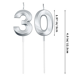 Silver 30th Birthday Candles for Cakes, Number 30 Candle Cake Cupcake Topper for Birthday Anniversary Party Decoration