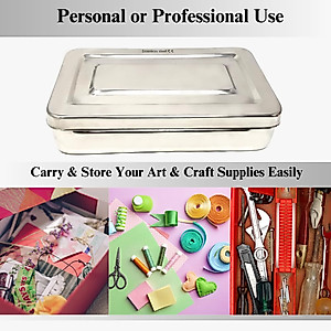 Sewing Organizer for Embroidery and Crafting Supplies Hinged Lid Tin Multipurpose Empty Box Container Silver Stainless Steel Storage For Small Items & Threads (10"L x 6"W x 2"H)