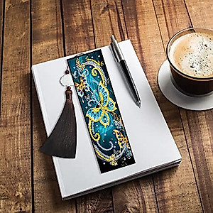 Alloyseed 2pcs Diamond Painting Bookmarks with Tassel for Office School Flower Animal Beaded Bookmark Kits DIY Special Shaped Diamond Art Craft Leather Bookmark Gift for Adults Kids Students Girls