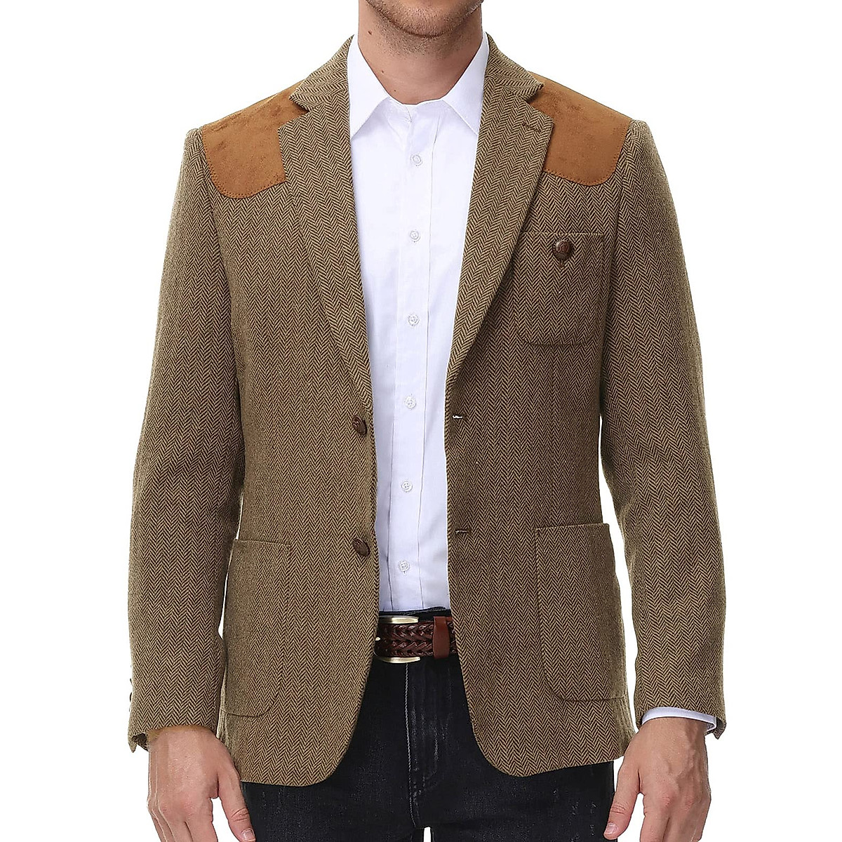 Men's Formal Tweed Patchwork Blazer 2 Button Wool Blend Sport Coat Coffee L