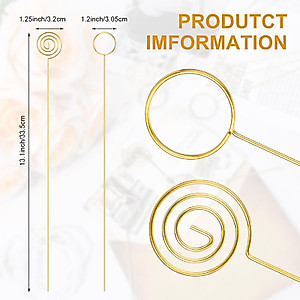 20PCS Gold Flower Card Holder Stick 13.1 Inch Circle Swirl Round Place Card Holders Clip Metal Wire Floral Picks Picture Holders for Table Numbers Wedding Party Birthday Memo Bouquet DIY