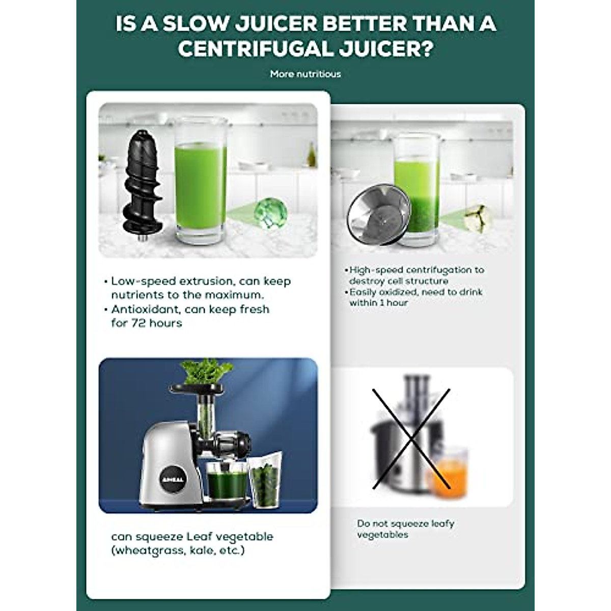 Juicer Machines, Aiheal New Generation Celery Slow Masticating Juicer Extractor Easy to Clean with Brush, Cold Press Juicer with Quiet Motor & Reverse Function for Fruits & Vegetables, Recipes
