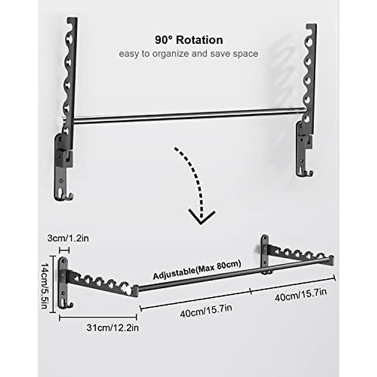 LIVEHITOP Wall Mounted Clothes Dryer, Foldable Laundry Rack Accessories Hanger Hook Rod for Bathroom Bedroom Hotel (Black, 2)