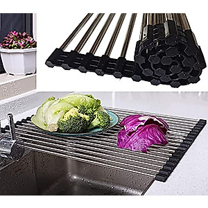 Roll Up Dish Drying Rack Over The Sink Dish Drying Rack Portable Stainless Steel Rolling Rack Kitchen Rolling Dish Drainer Sink Rack Mat Dish Racks for Kitchen Sink Counter (17.7" L x 13" W, Black)