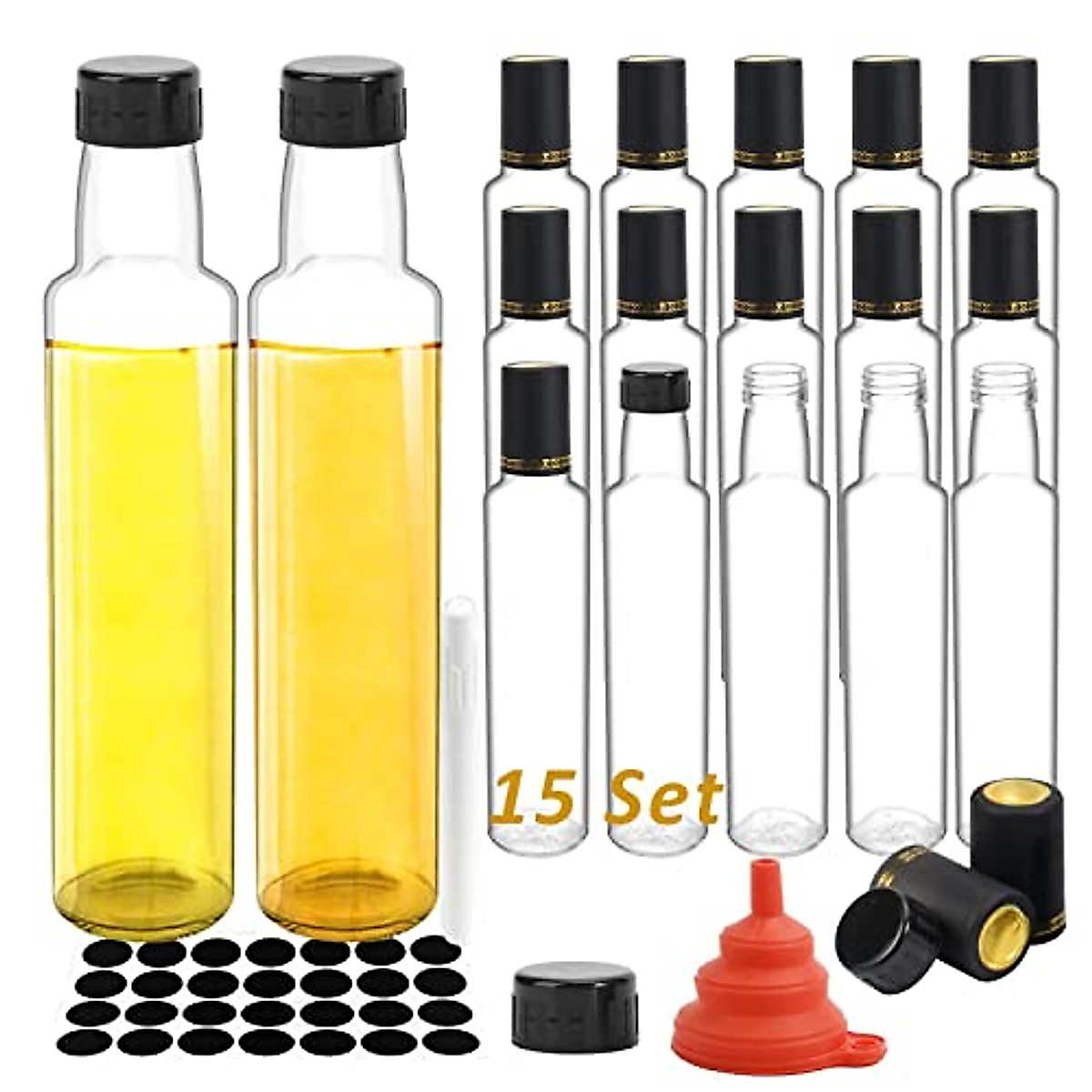 YULEER 15 Pack Hot Sauce Bottles, 8.5 oz Woozy Bottles with Leak Proof Screw Black Cap, Shrink Capsule, Round Glass Bottles for DIY Hot Sauce, BBQ Sauce