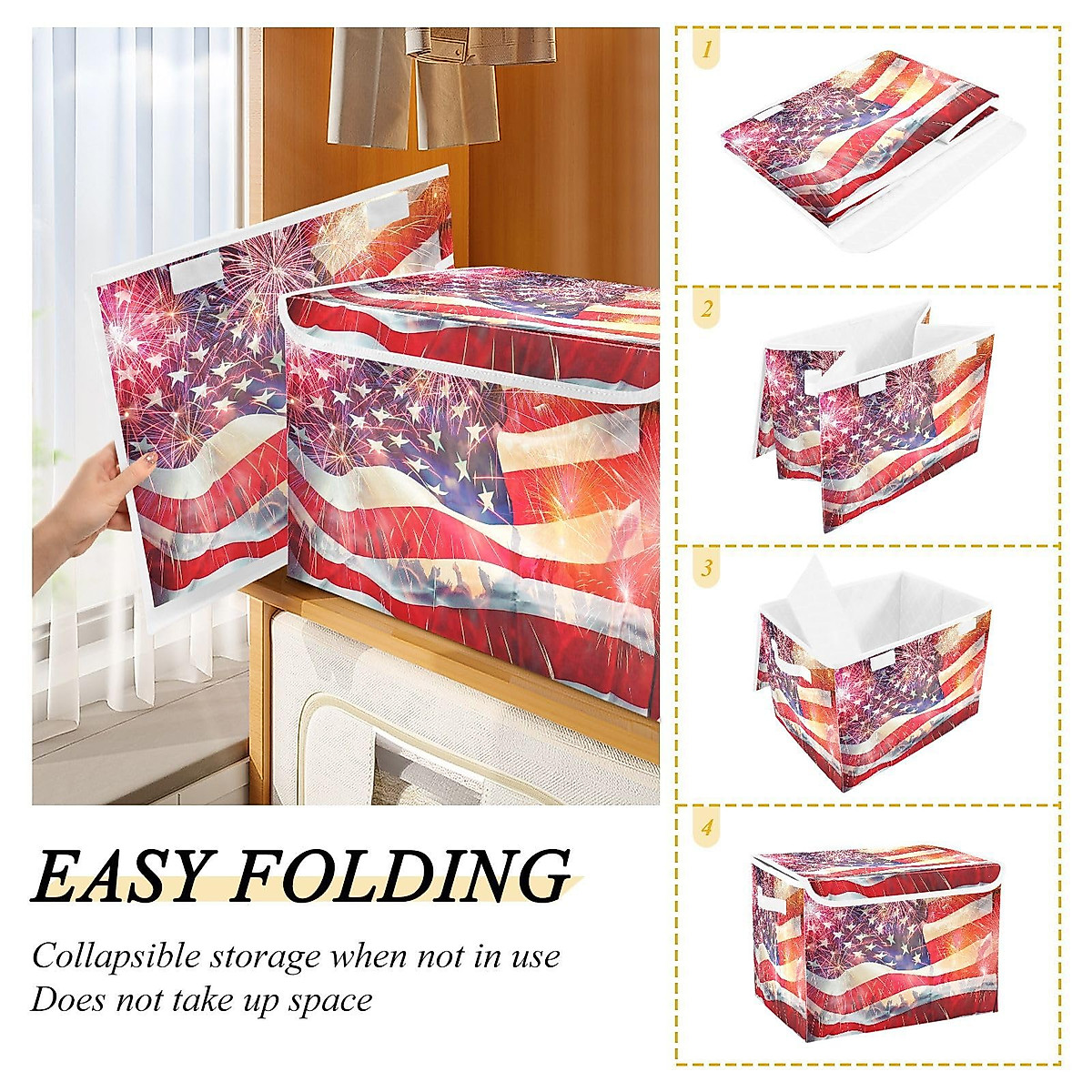 DIGTIA Veterans Day Storage Bins with Lids USA Flag Firework Foldable Storage Boxes with Handles 4th Of July Large Storage Basket Collapsible Organizer Containers for Closet Home Bedroom Office