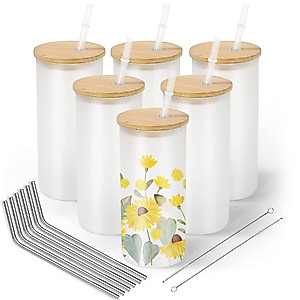 AGH 6pcs 18oz Frosted Sublimation Glass Blanks With Bamboo Lid, Sublimation Straight Cups Blank With Stainless Steel Straw & Clean Brush, Glass Can Beer Tumbler For Iced Coffee Juice Soda Drinks